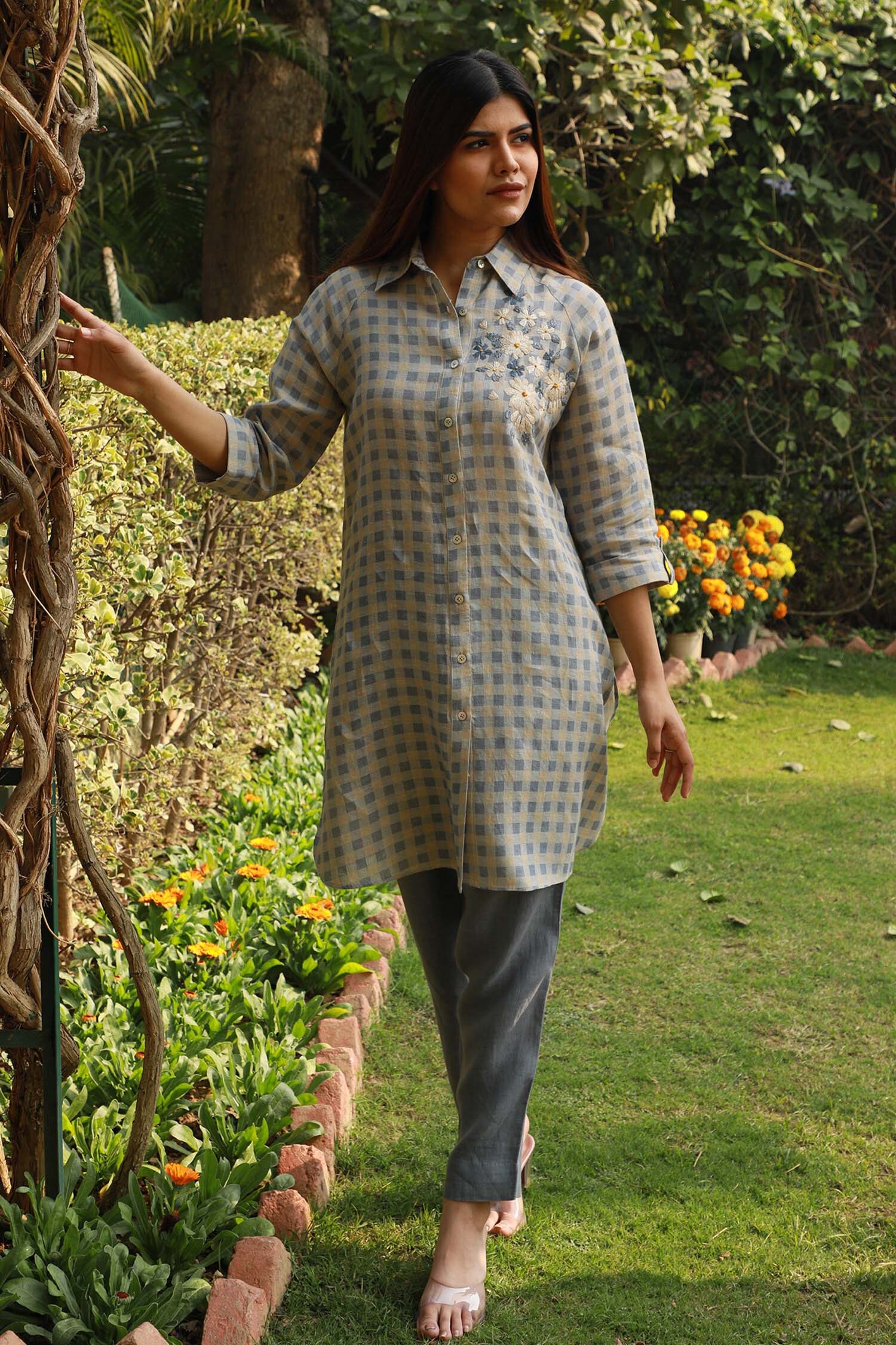 Buy Blue 100% Linen Checkered Tunic For Women by Linen Bloom Online at ...