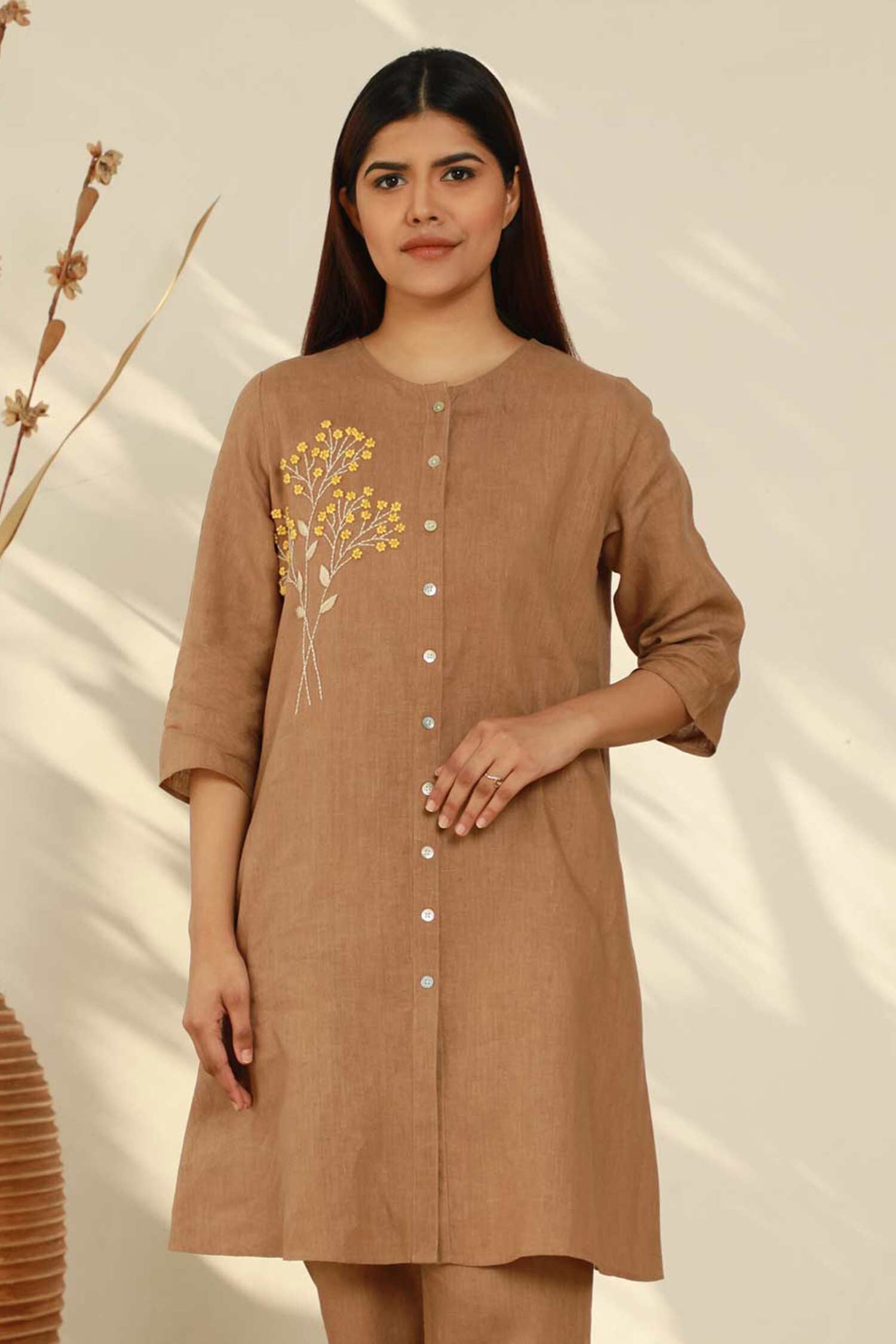 Buy Linen Bloom Brown Linen Embroidered Tunic Online | Aza Fashions