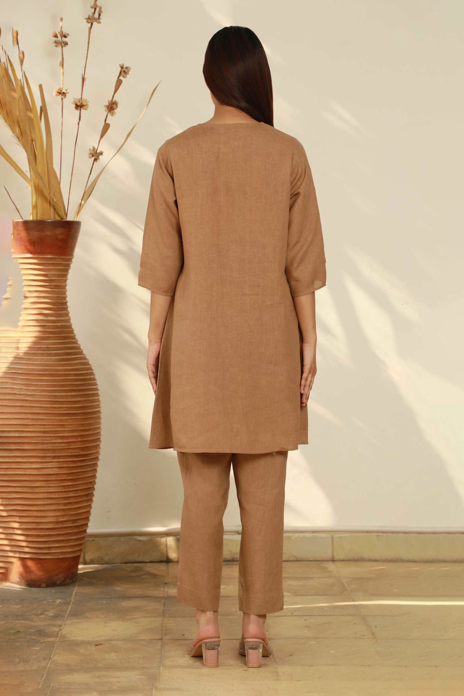 Buy Linen Bloom Brown Linen Embroidered Tunic Online | Aza Fashions