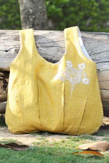 Buy Yellow Embroidered Linen Floral Tote Bag by Linen Bloom Online at ...