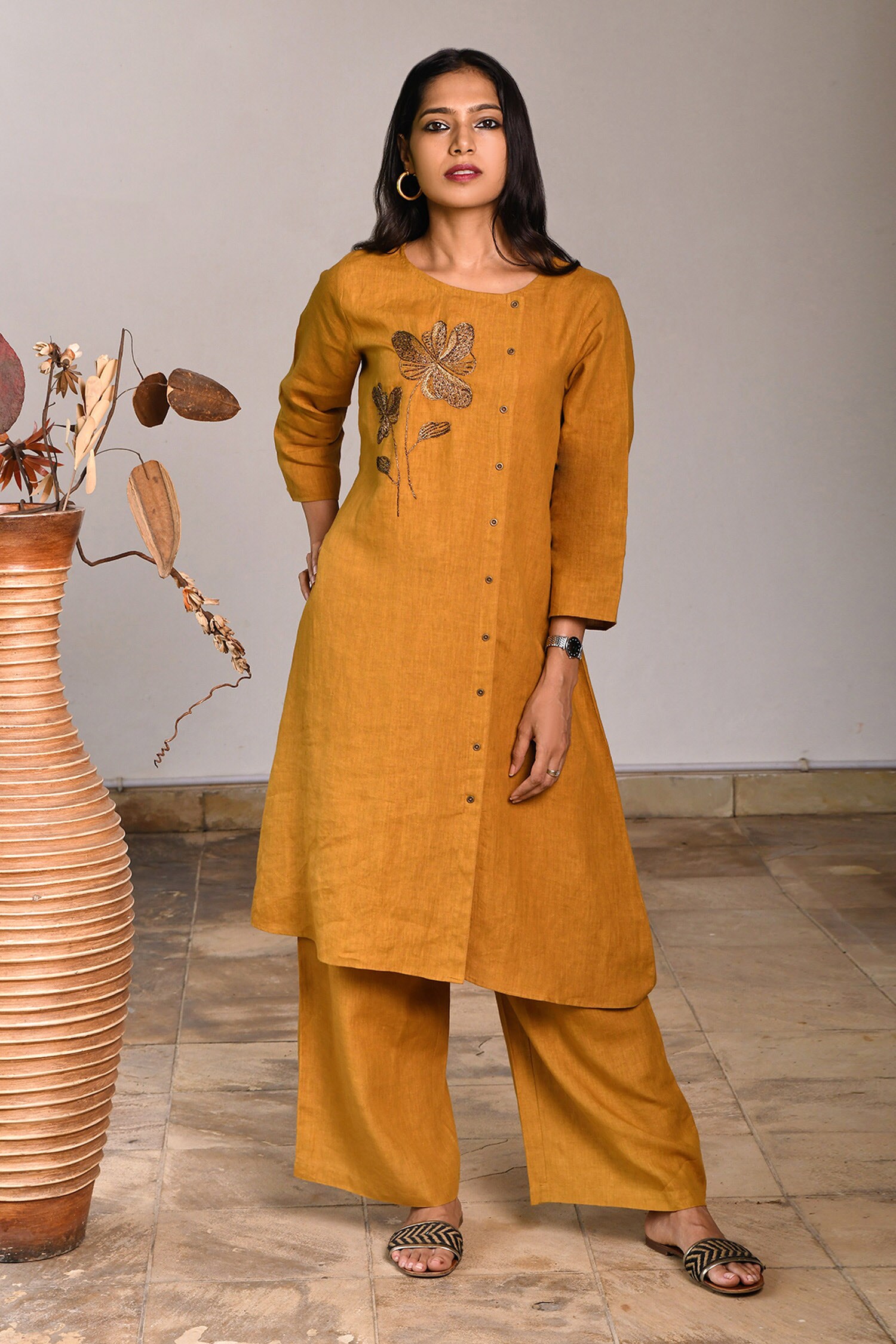 Buy Linen Bloom Yellow Linen Pants Online | Aza Fashions