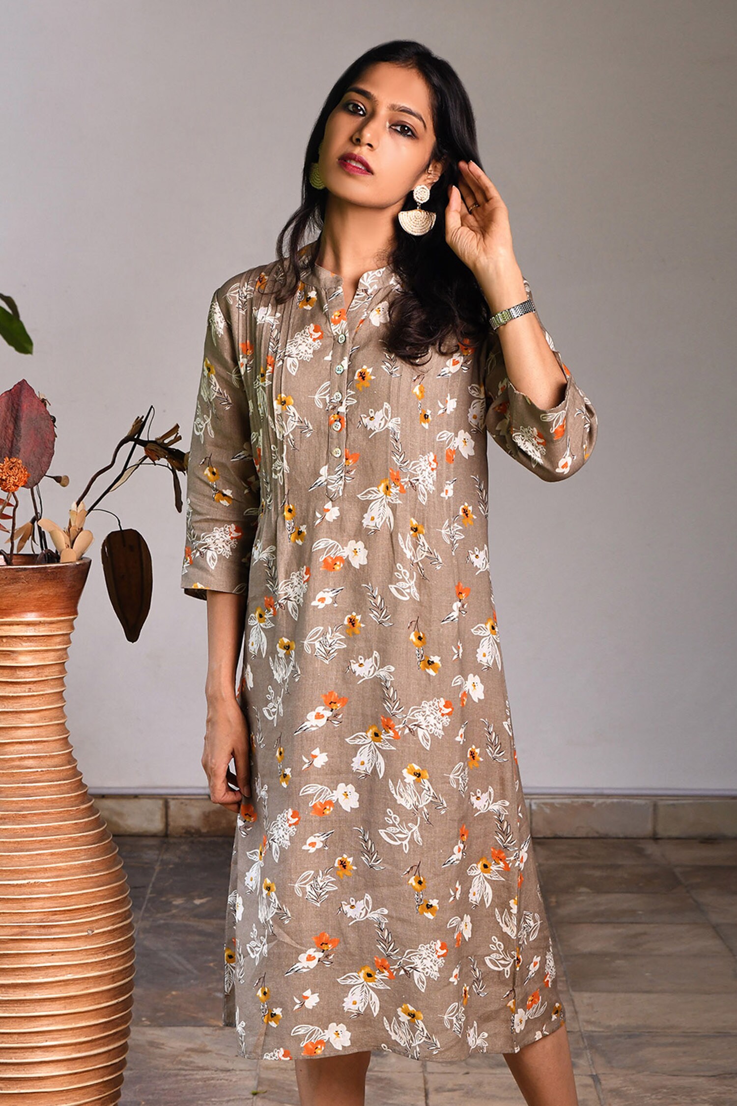 Buy Beige Pure Linen Printed Notched Floral Dress For Women by Linen ...