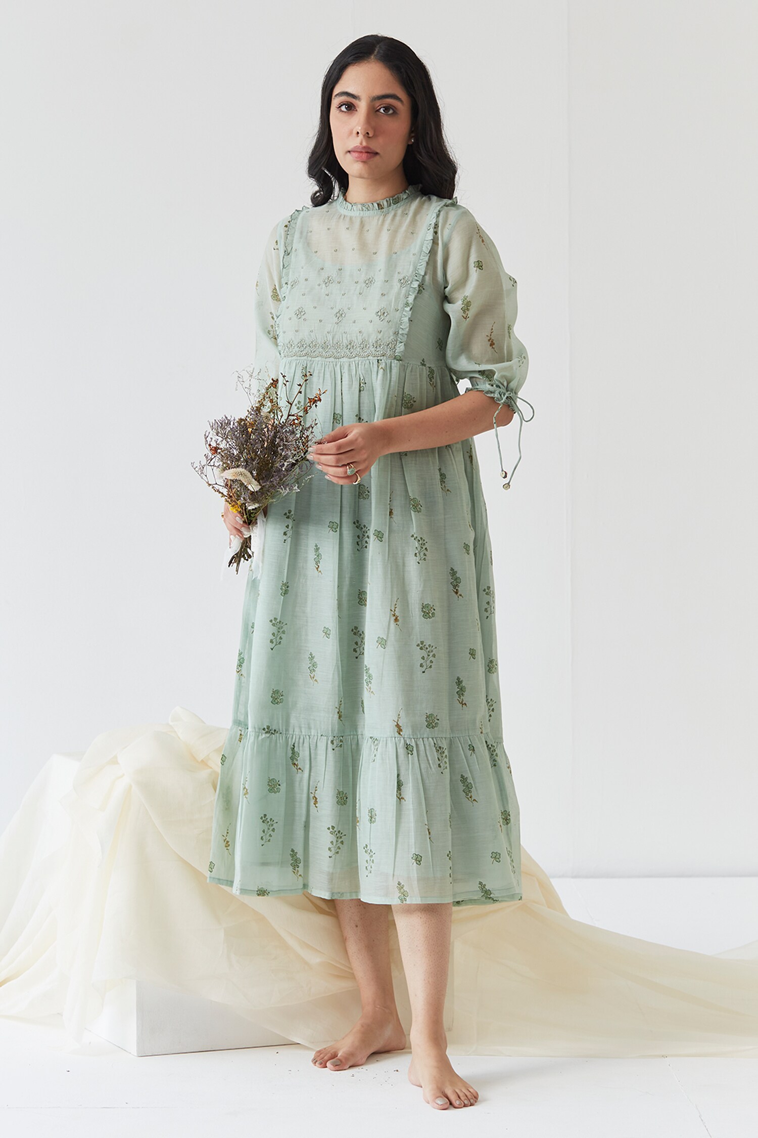 Buy Green Chanderi And Block Printed Rudy Flower Dress For Women by ...