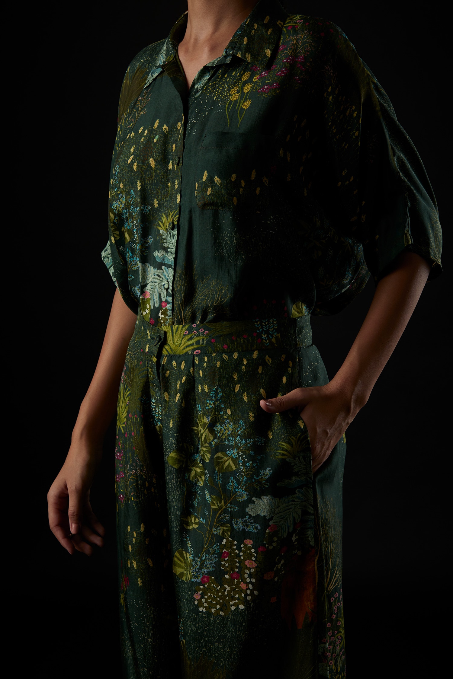 Buy Green Silk Floral Aran Wide Leg Pants For Women by Yavi Online at ...