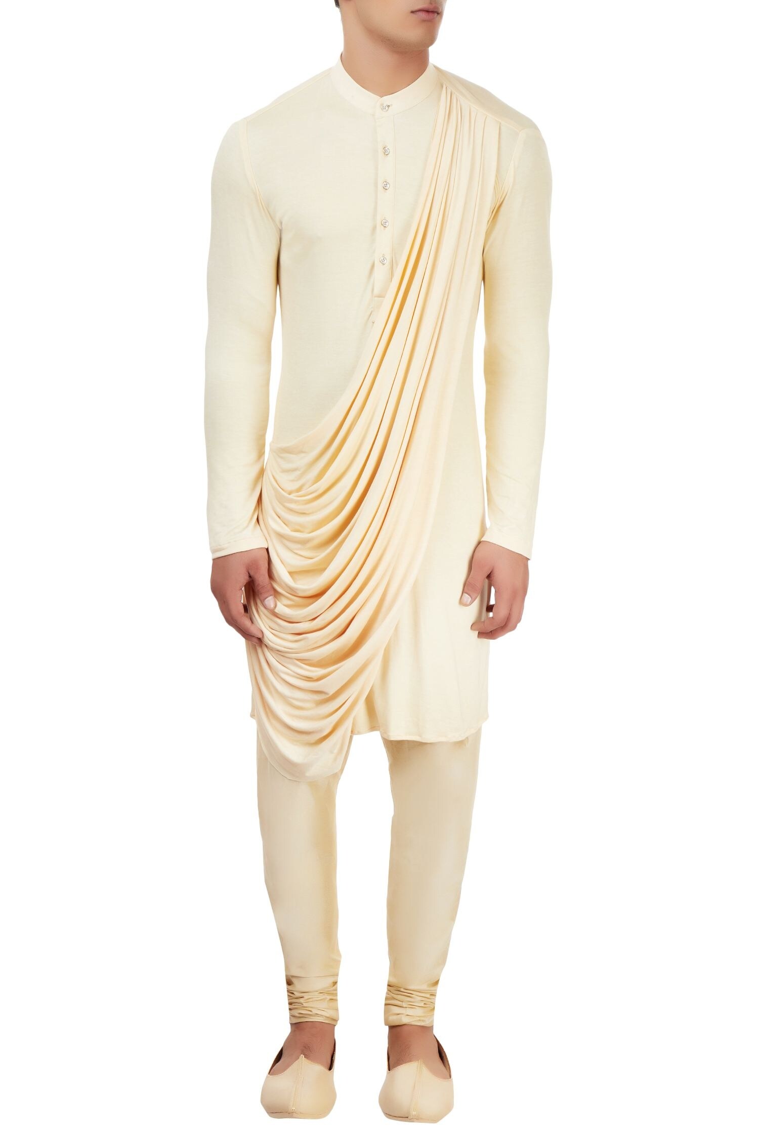 Buy Sarab Khanijou Beige Silk Bundi And Kurta Set Online | Aza Fashions