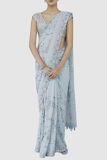 Buy Anita Dongre Powder Blue Embroidered Saree Online | Aza Fashions