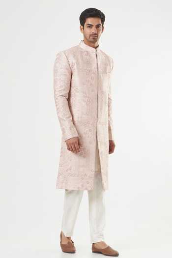 Buy Pink Silk Embroidered Floral Pattern Sherwani Set For Men by Kasbah ...