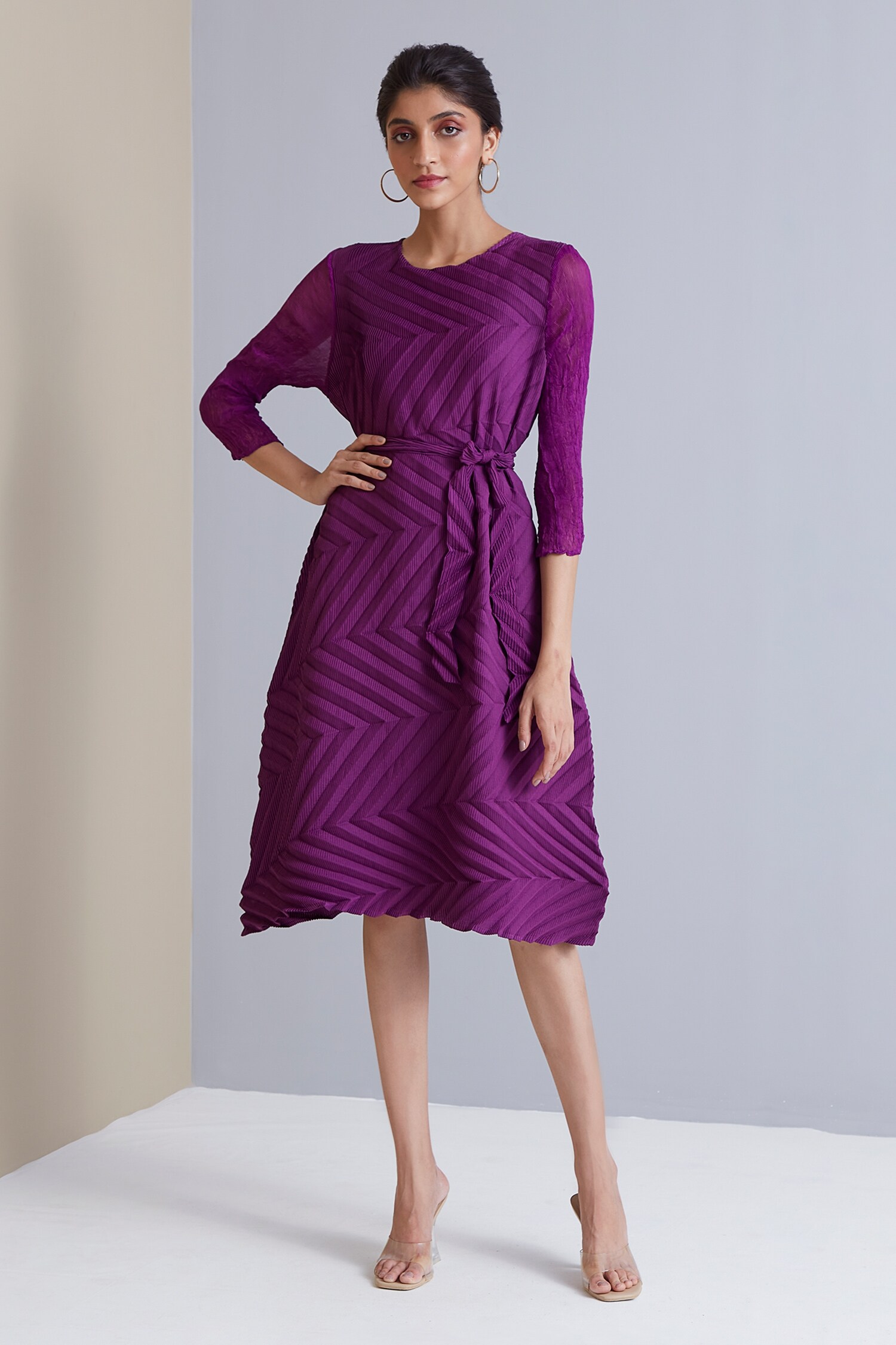 Buy Purple 100% Polyester Round Vera Chevron Pleated Dress For Women by ...