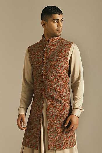 Buy Multi Color Cotton Silk Chanderi Long Nehru Jacket For Men by Dhruv ...