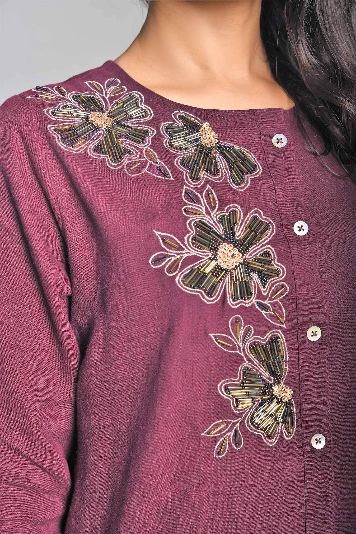 Buy Linen Bloom Purple Linen Embroidered Tunic Online | Aza Fashions