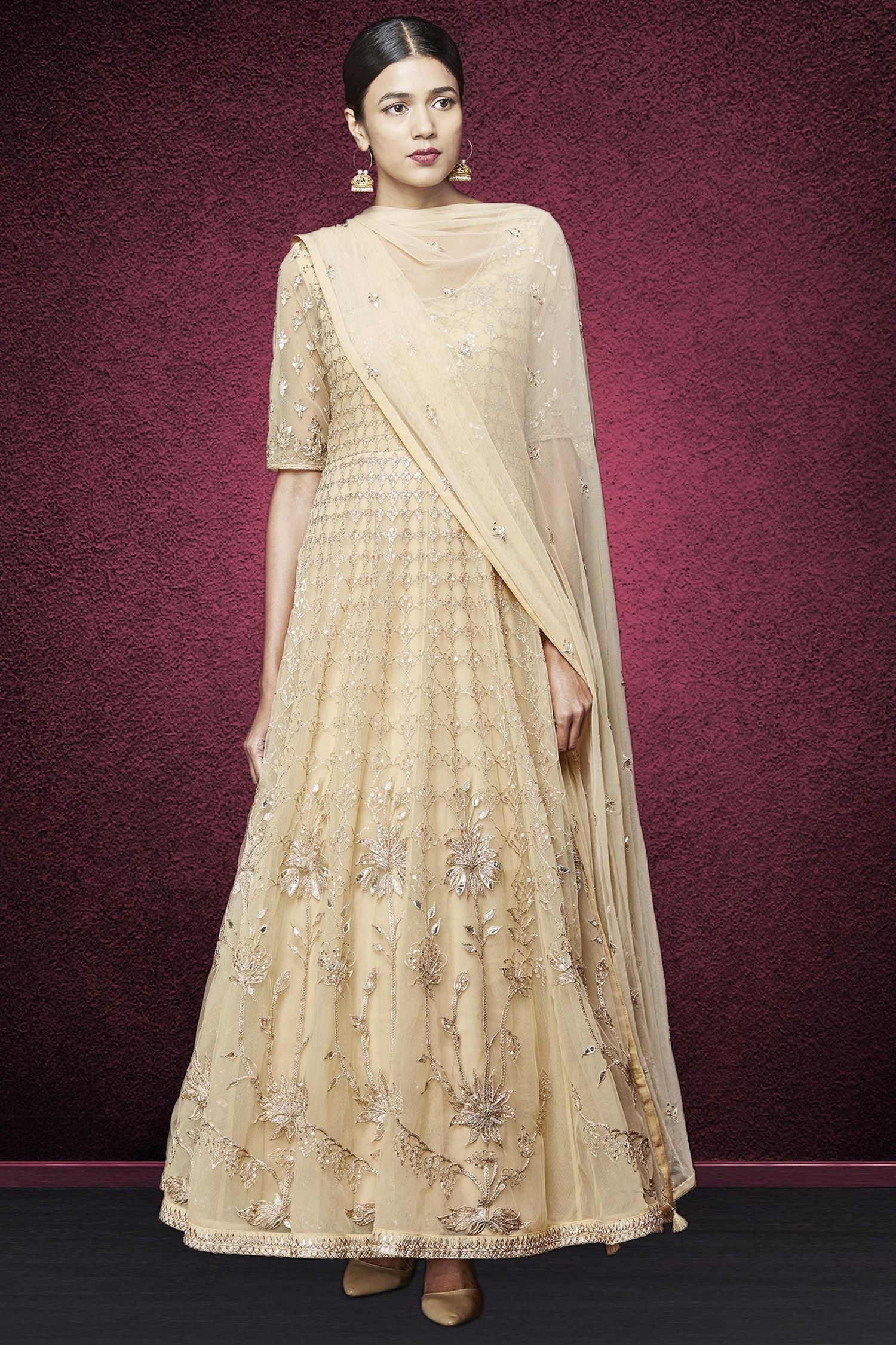 Buy Anita Dongre Gold Embroidered Anarkali Online | Aza Fashions