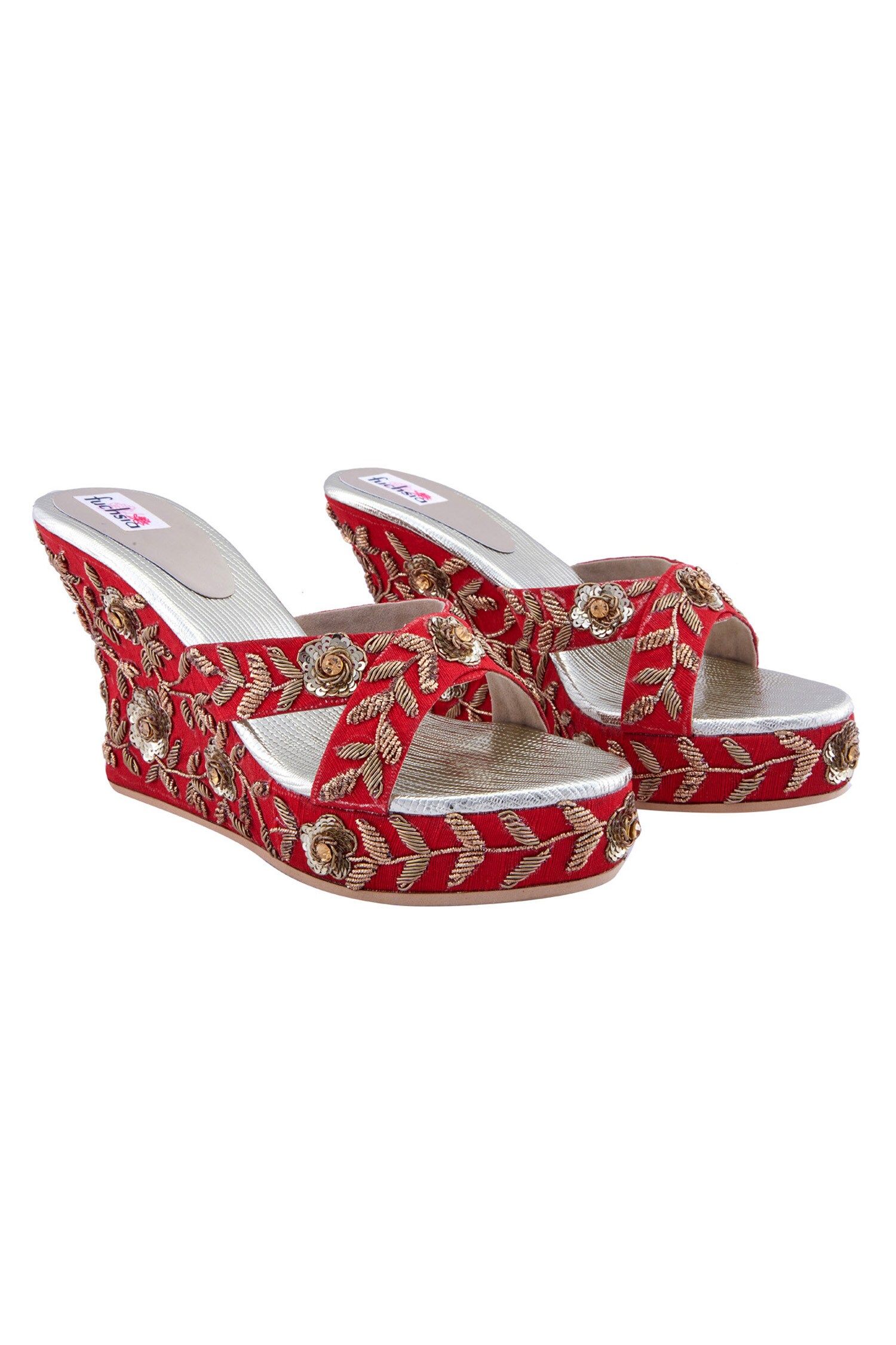 Buy Red Embroidered Criss Cross Wedges by Fuchsia Online at Aza Fashions.