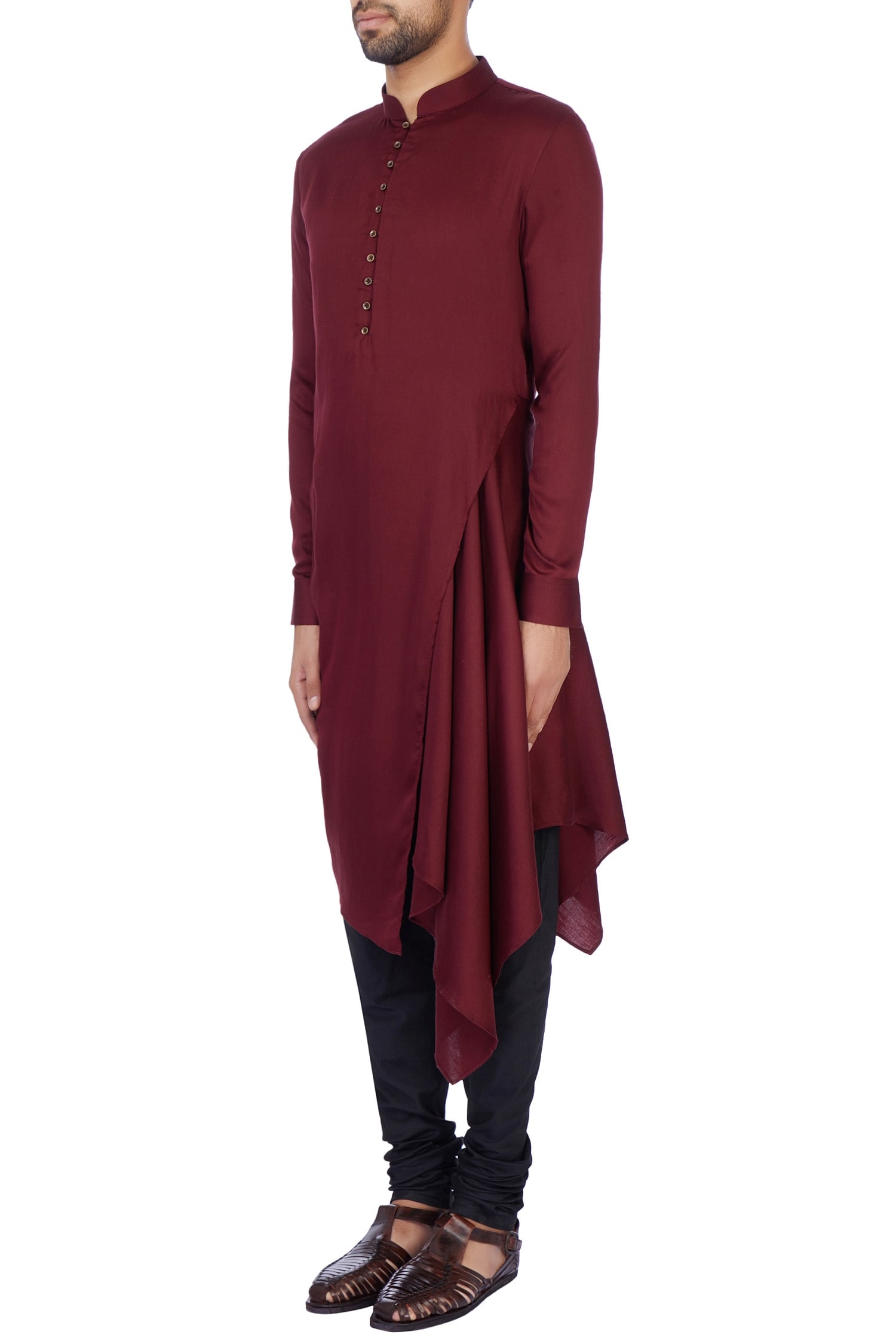 Buy Dhruv Vaish Red Wine Modal Satin Solid Kurta Set Online | Aza Fashions
