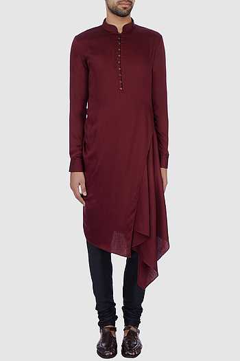 Buy Dhruv Vaish Red Wine Modal Satin Solid Kurta Set Online | Aza Fashions