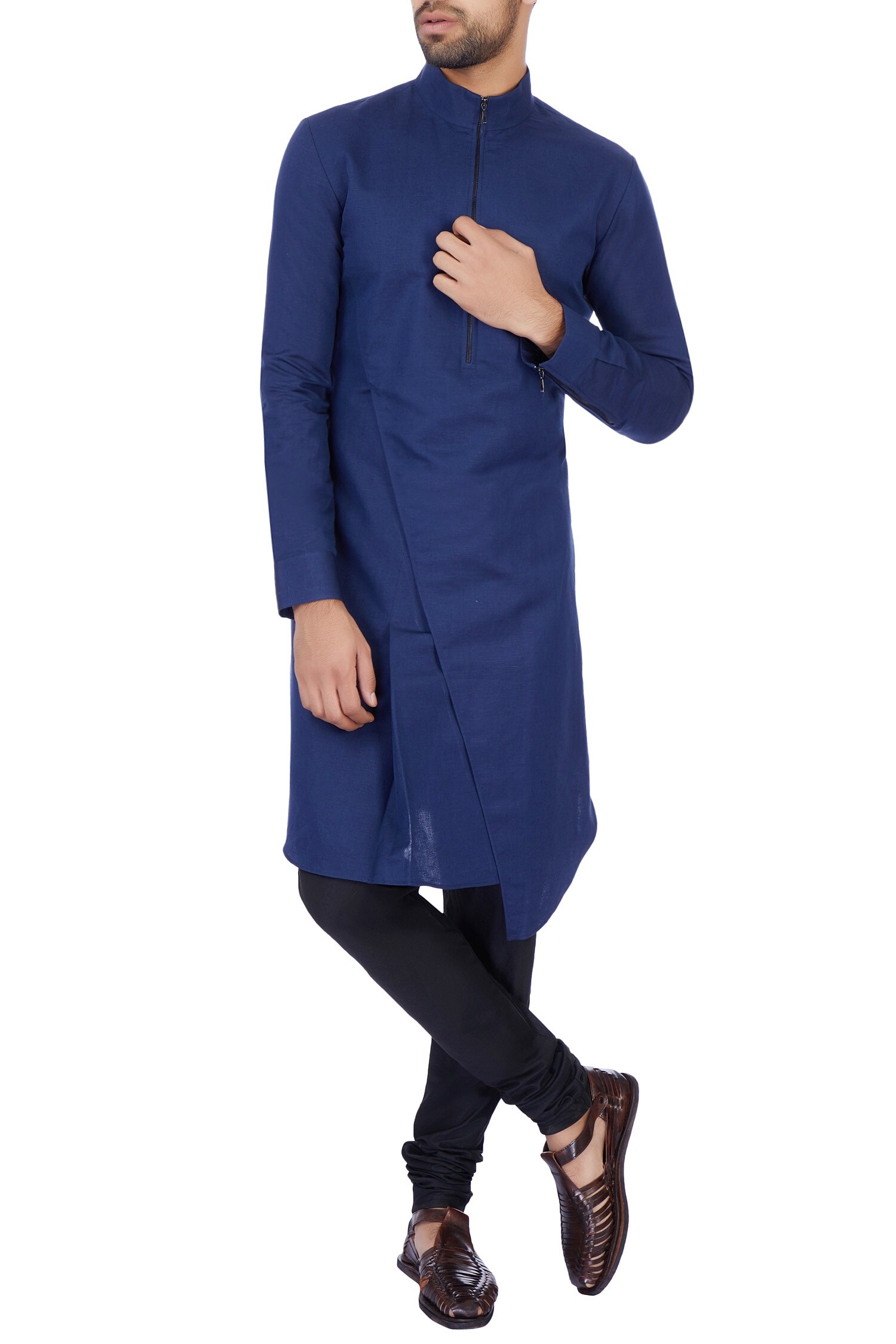 Buy Dhruv Vaish Navy Blue Linen Cotton Solid Kurta Online | Aza Fashions
