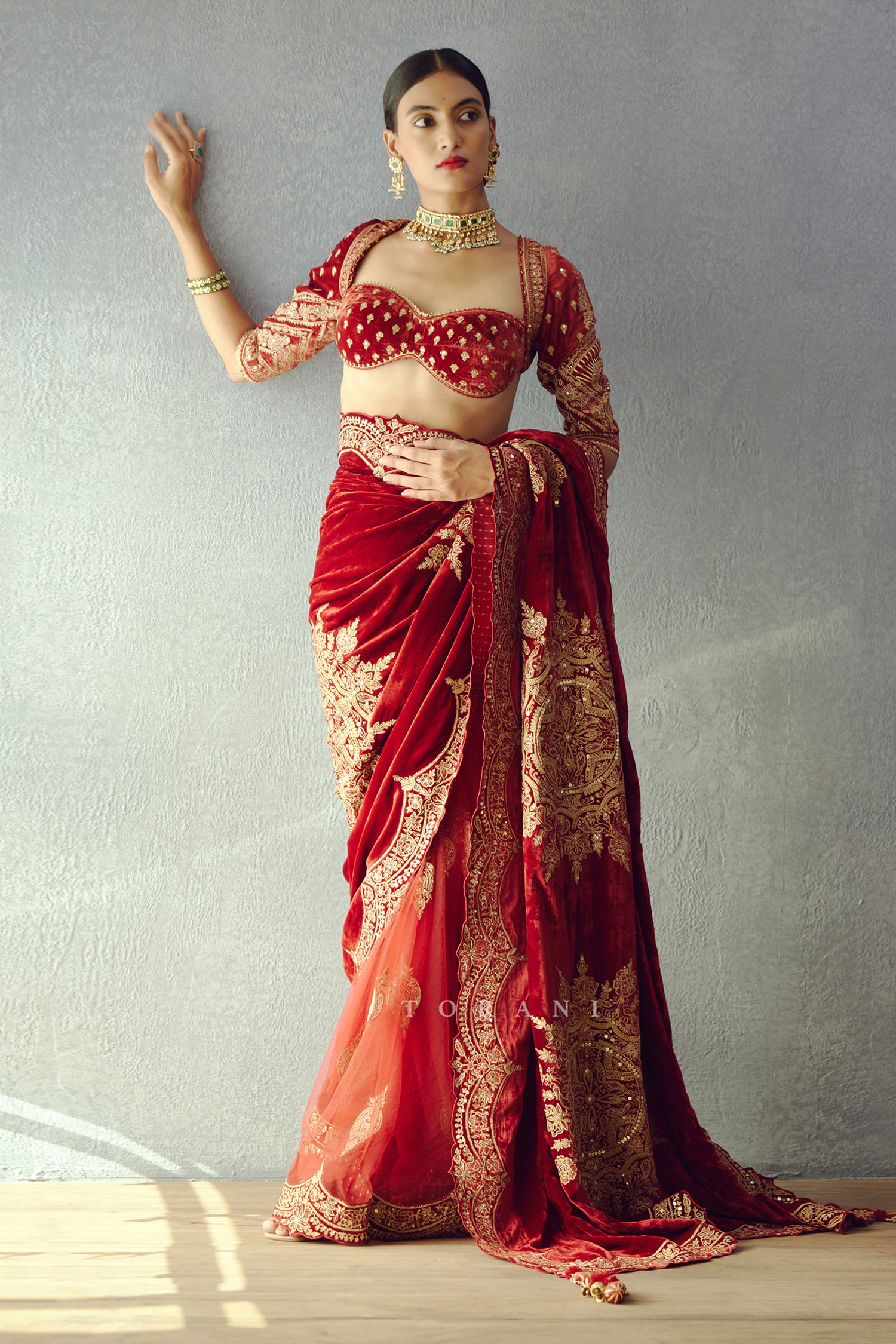 Buy Red Silk Velvet Embroidery Thread And Sequin Sindoori Aghani ...