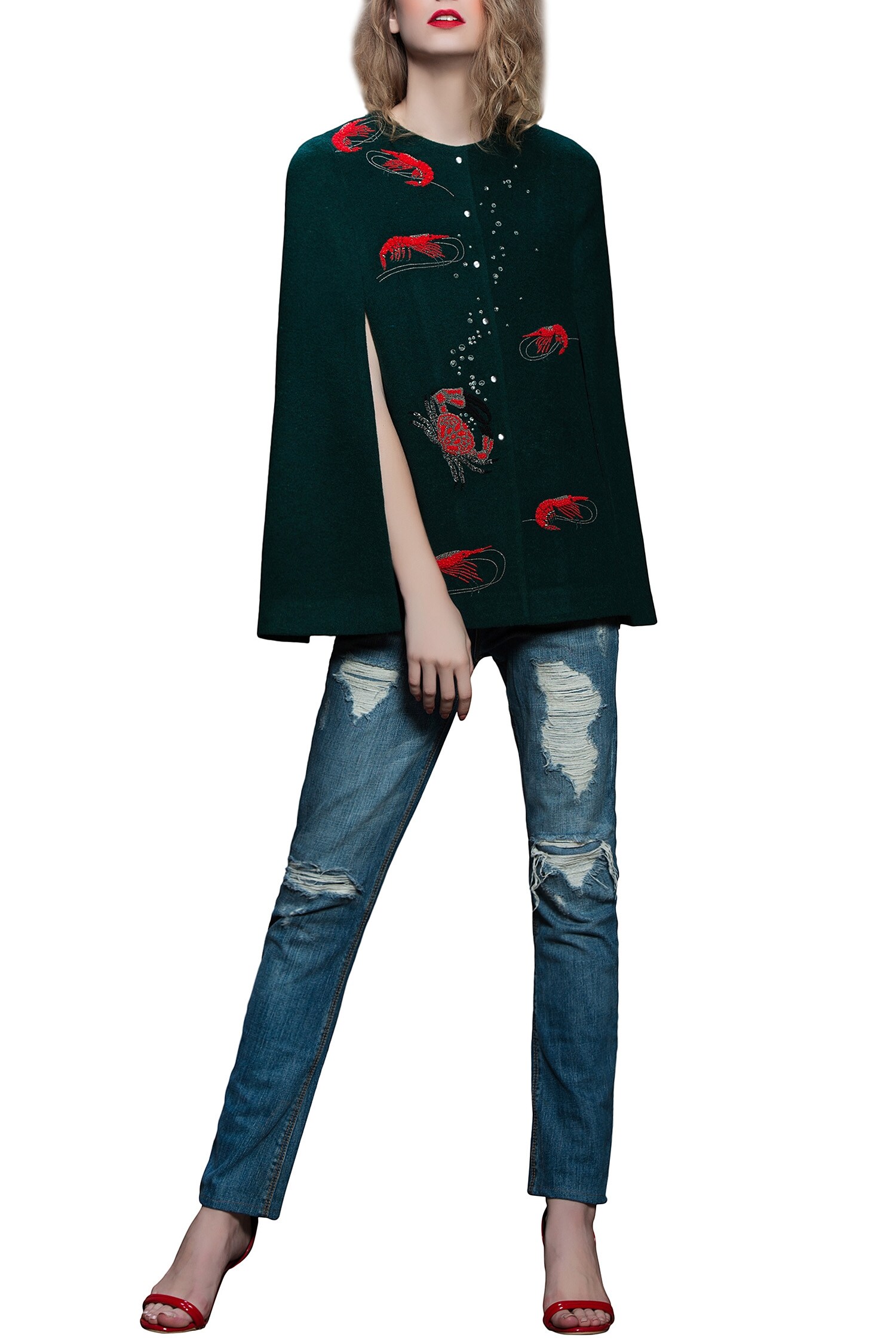 Buy Green Wool Embroidered Thread Work Round Neck Cape For Women by ...