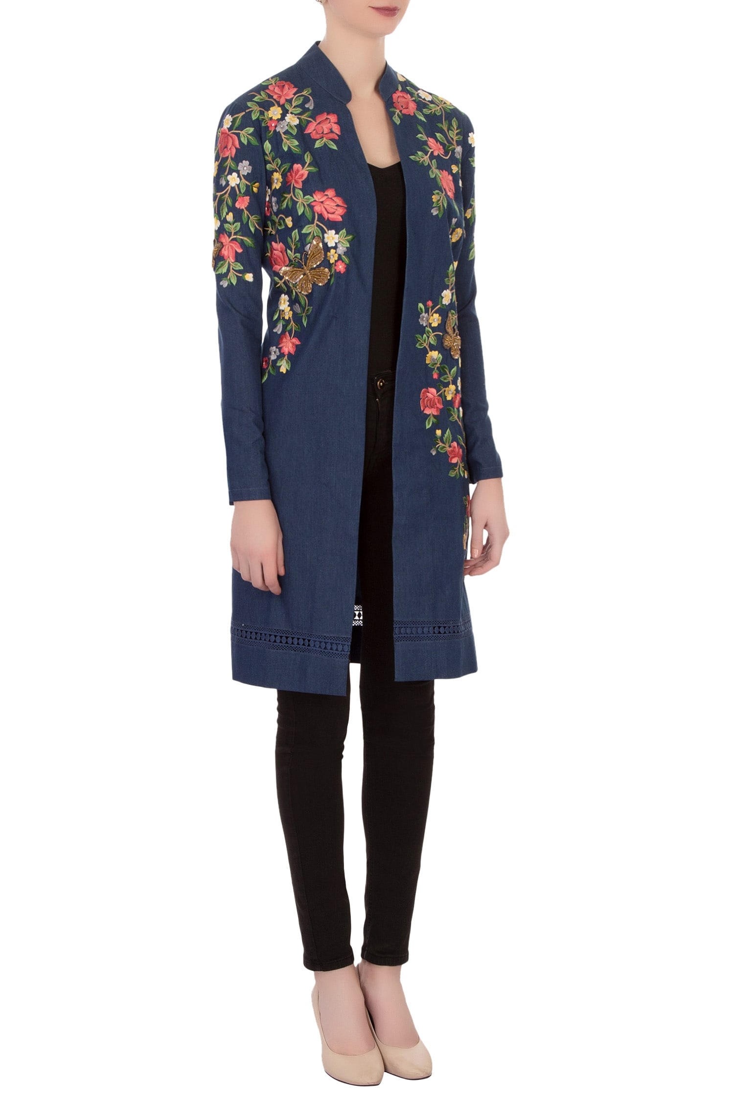 Buy Aqube by Amber Blue Embroidered Denim Front Open Jacket Online ...