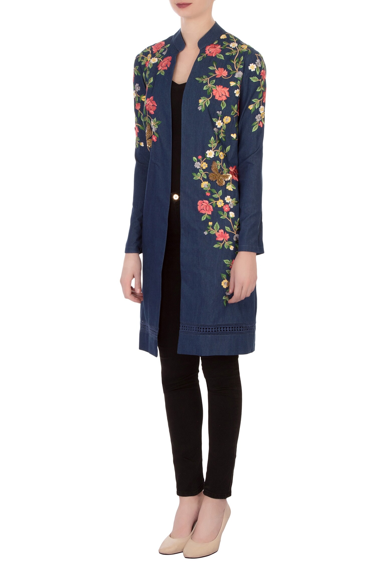 Buy Aqube by Amber Blue Embroidered Denim Front Open Jacket Online ...