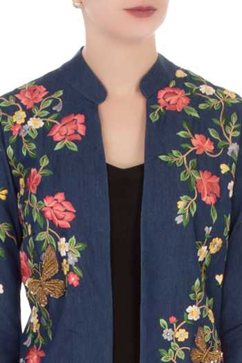 Buy Aqube by Amber Blue Embroidered Denim Front Open Jacket Online ...