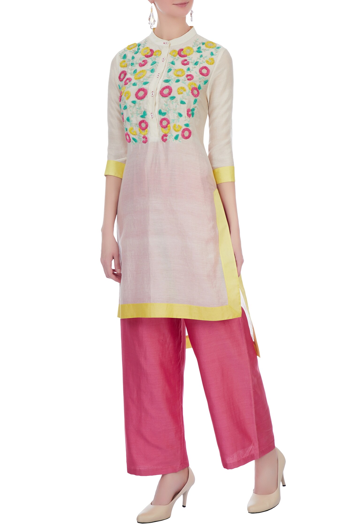 Buy Rimzim Dadu White And Pink Silk And Cotton Chanderi Straight Kurta ...