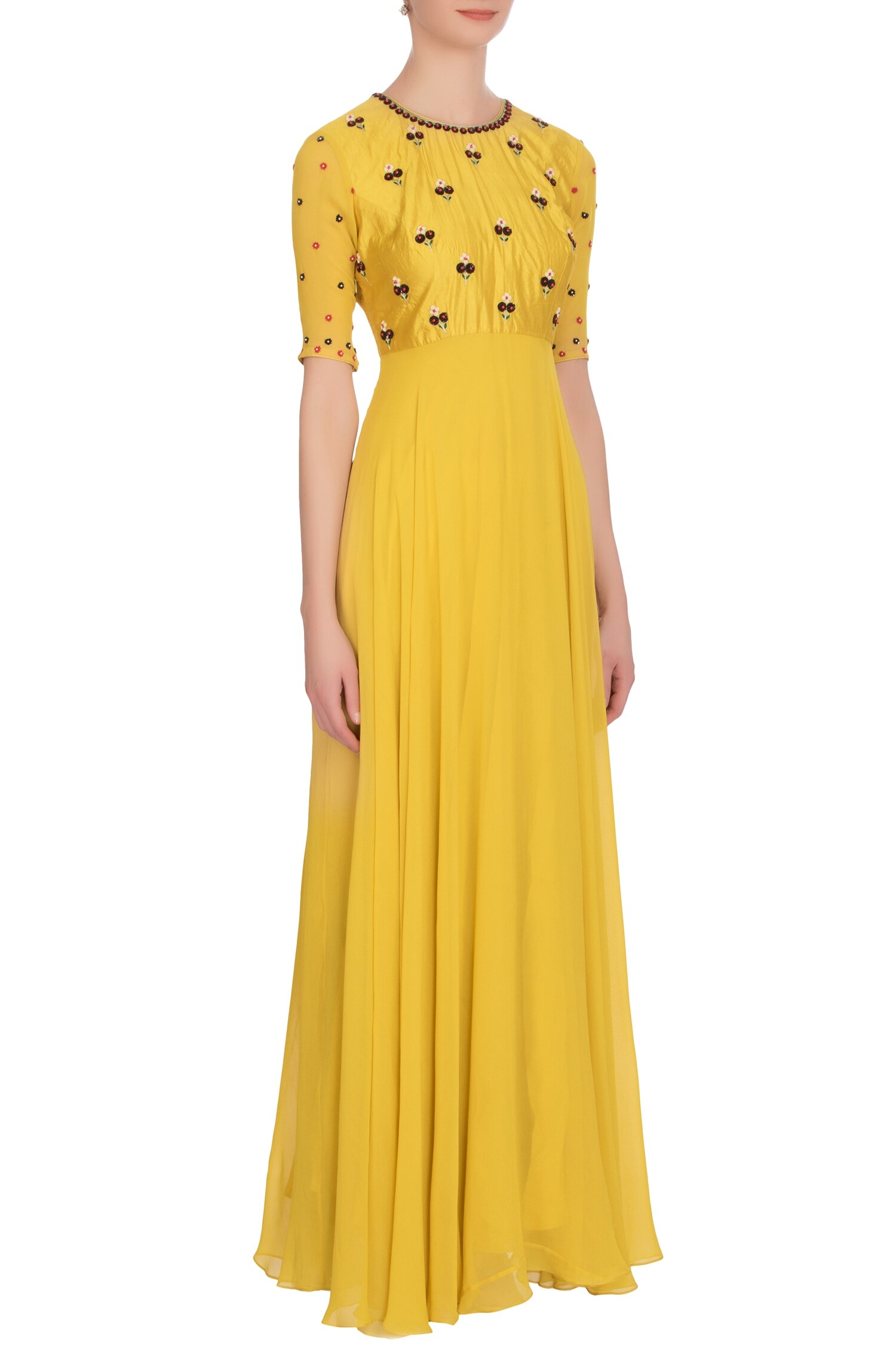 Buy Desert Shine by Sulochana Jangir Yellow Embroidered Flared Kurta ...