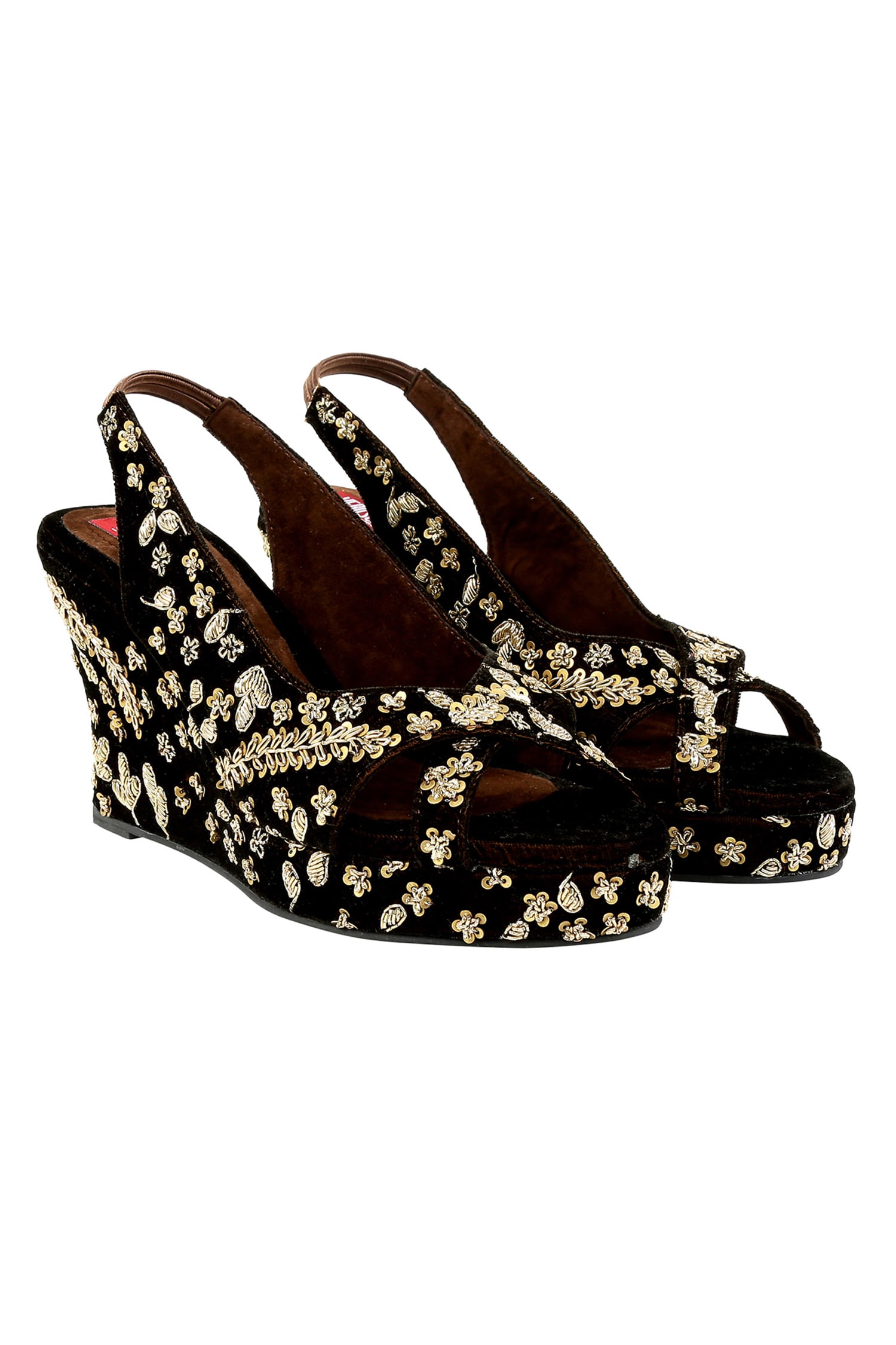 Buy Brown Embellished Velvet Criss-cross Wedges by Veruschka by Payal ...