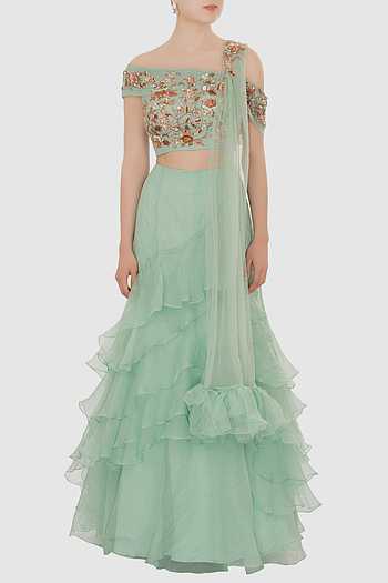 Buy Mani Bhatia Green Ruffle Layered Lehenga Set Online | Aza Fashions