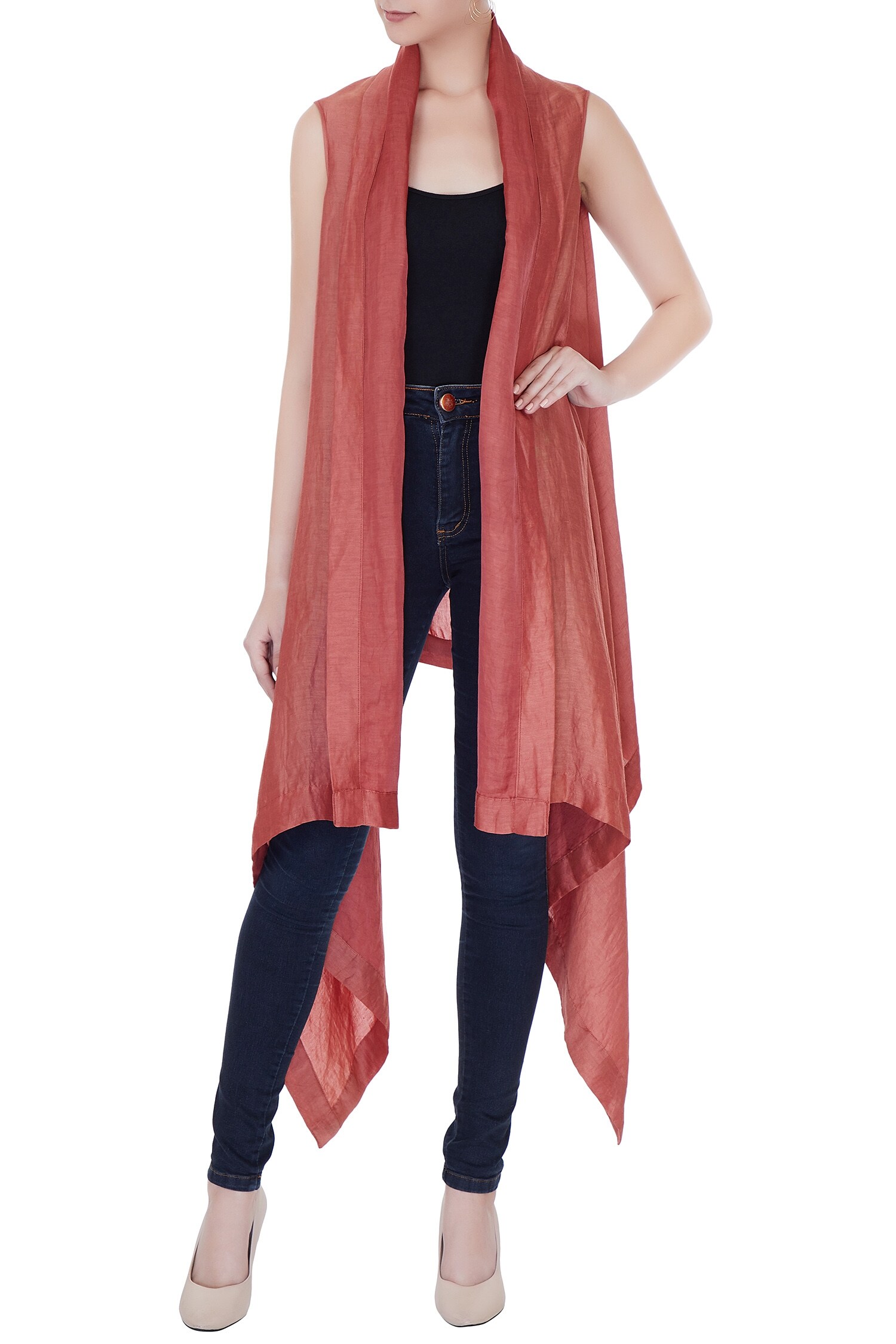 Buy Ezra Red Satin Linen Asymmetric Jacket Online | Aza Fashions