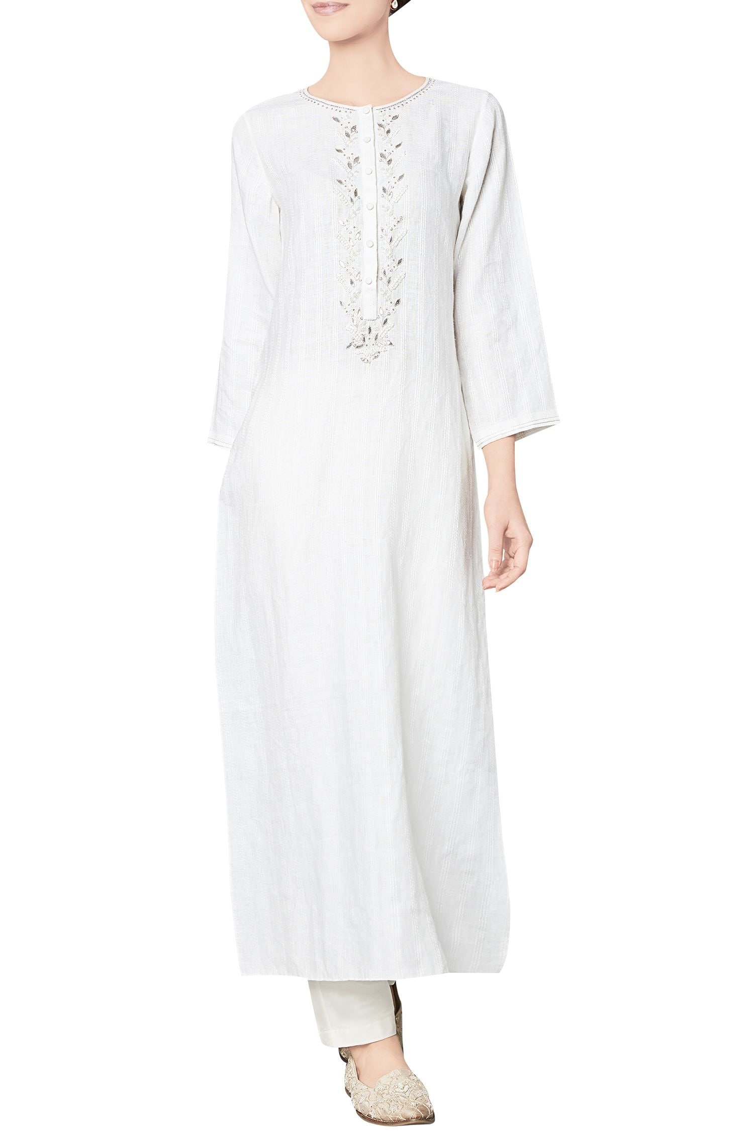Buy Anita Dongre White Linen Dobby Kurta Online | Aza Fashions