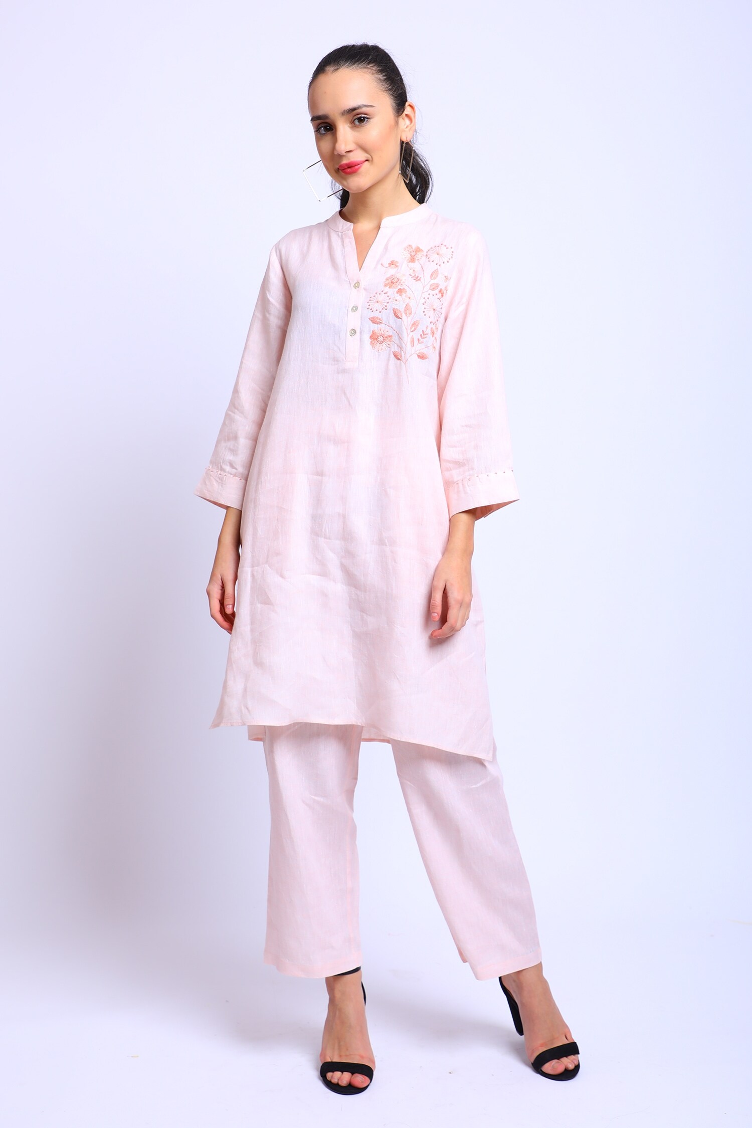 Buy Pink 100% Linen Embroidered Floral Motifs Band Asymmetric Tunic For ...