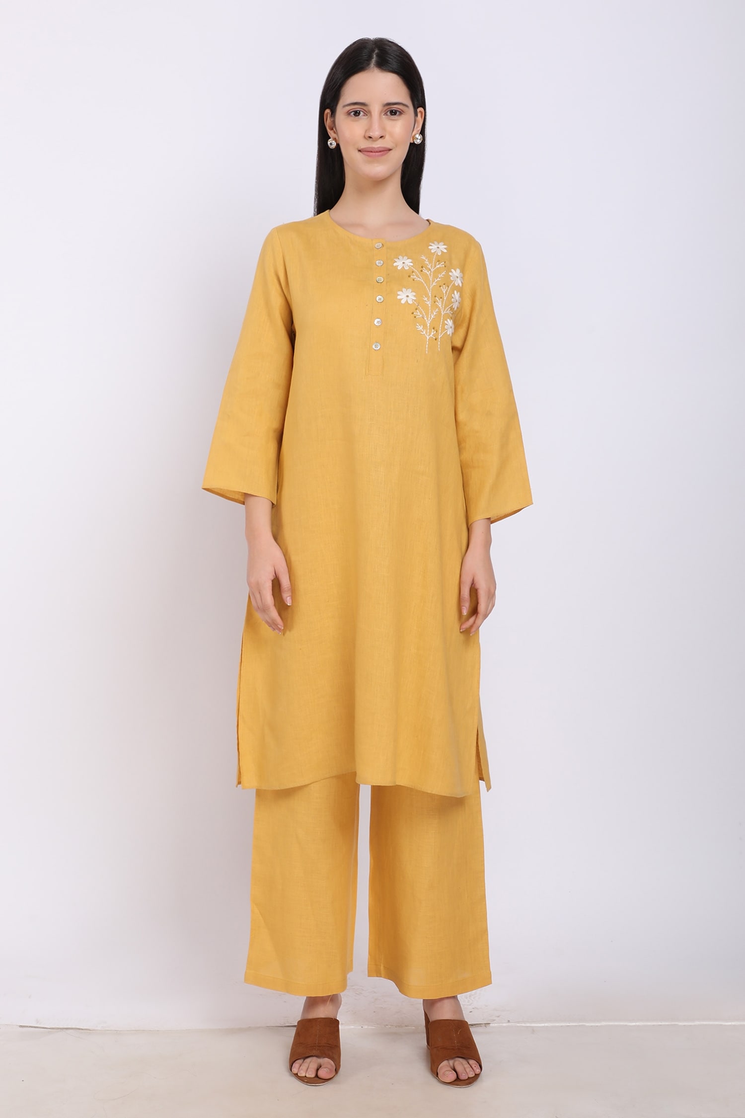 Buy Yellow Pure Linen Embroidered Floral Motifs Round Tunic For Women ...