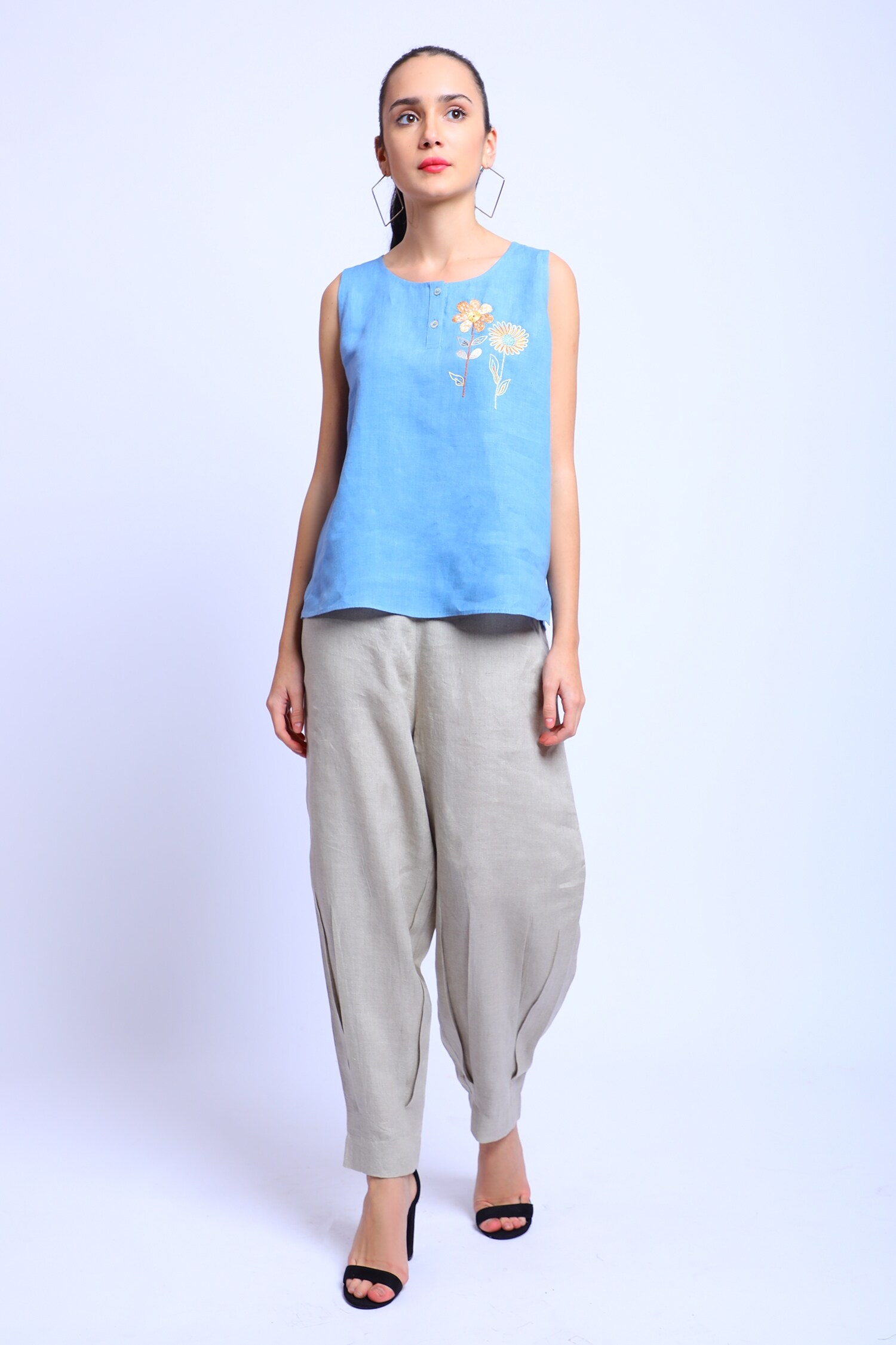 Buy Blue 100% Linen Embroidered Floral Motifs Round Top For Women by ...