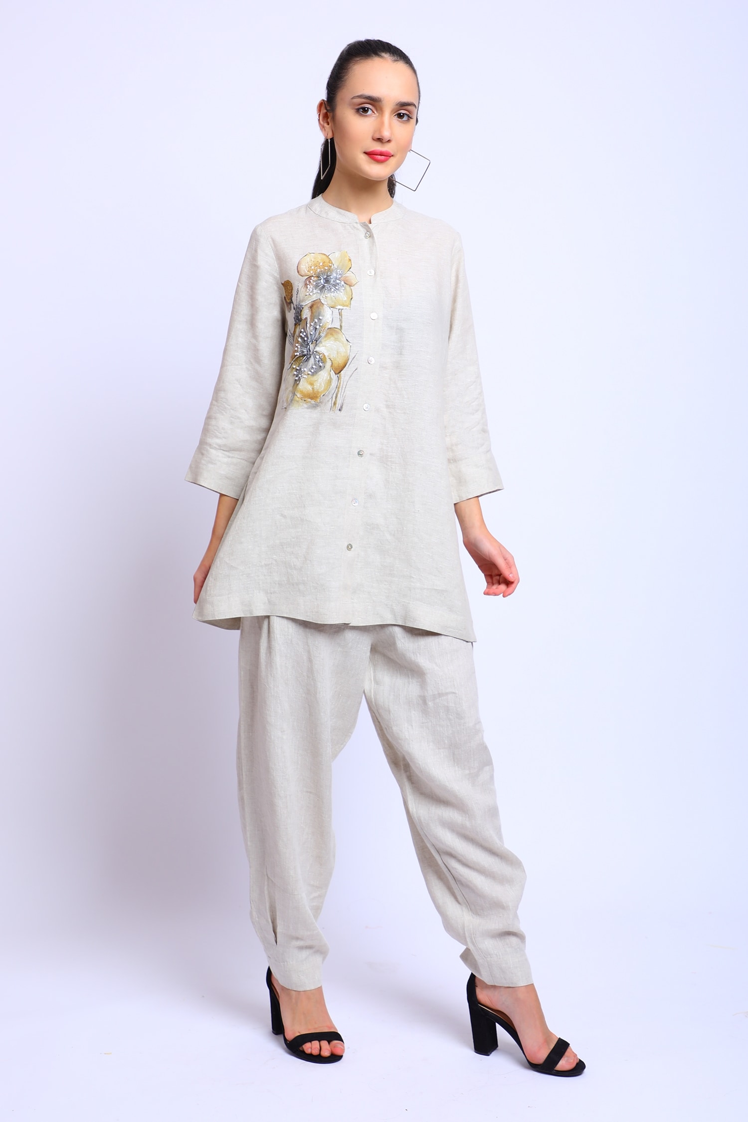 Buy Beige 100% Linen Painted Floral Motifs Mandarin Collar Hand Tunic ...