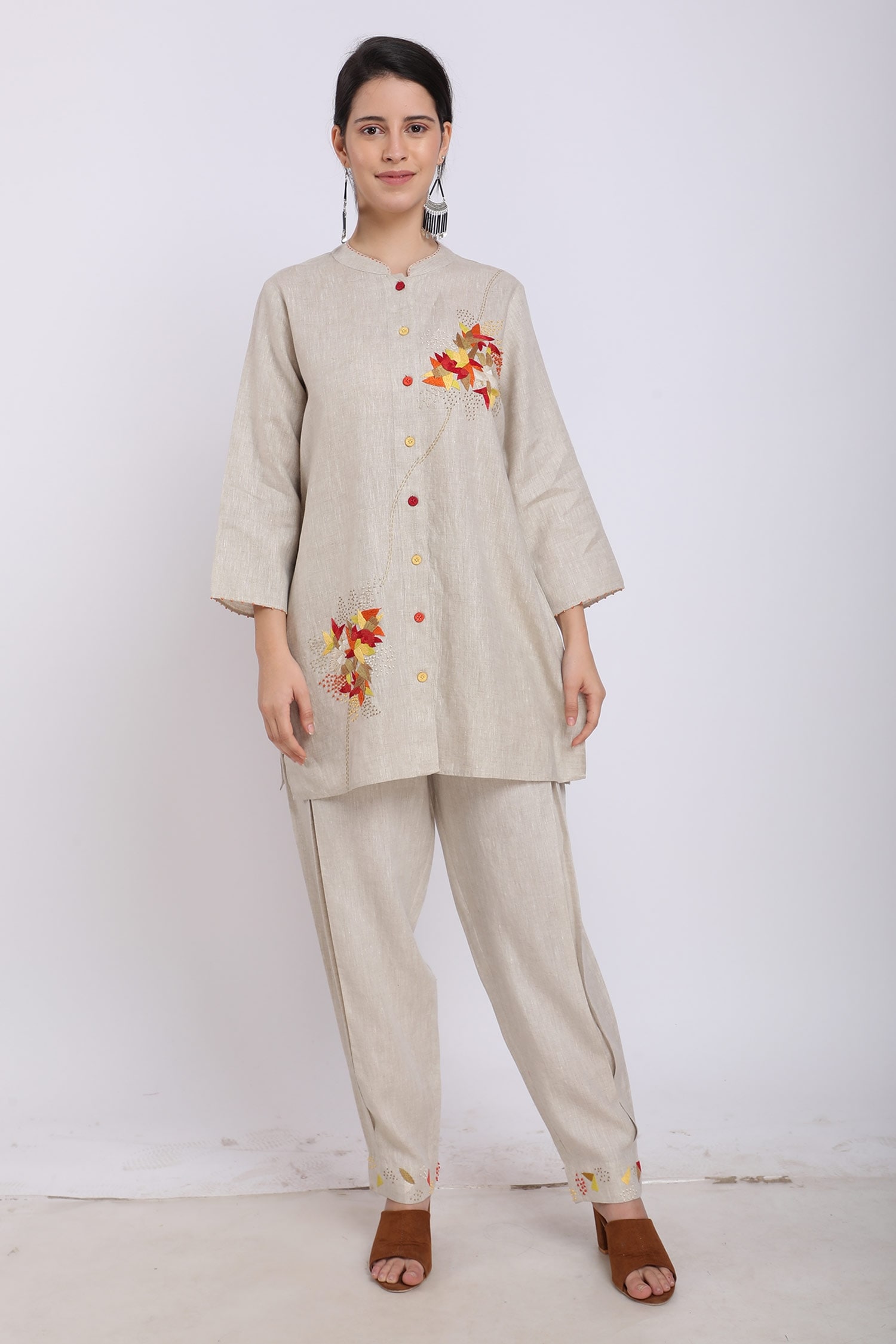 Buy Beige Pure Linen Embroidered Floral Motifs Mandarin Collar Tunic ...