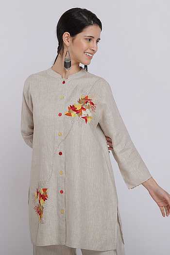 Buy Linen Bloom Beige Linen Mandarin Collar Tunic Online | Aza Fashions