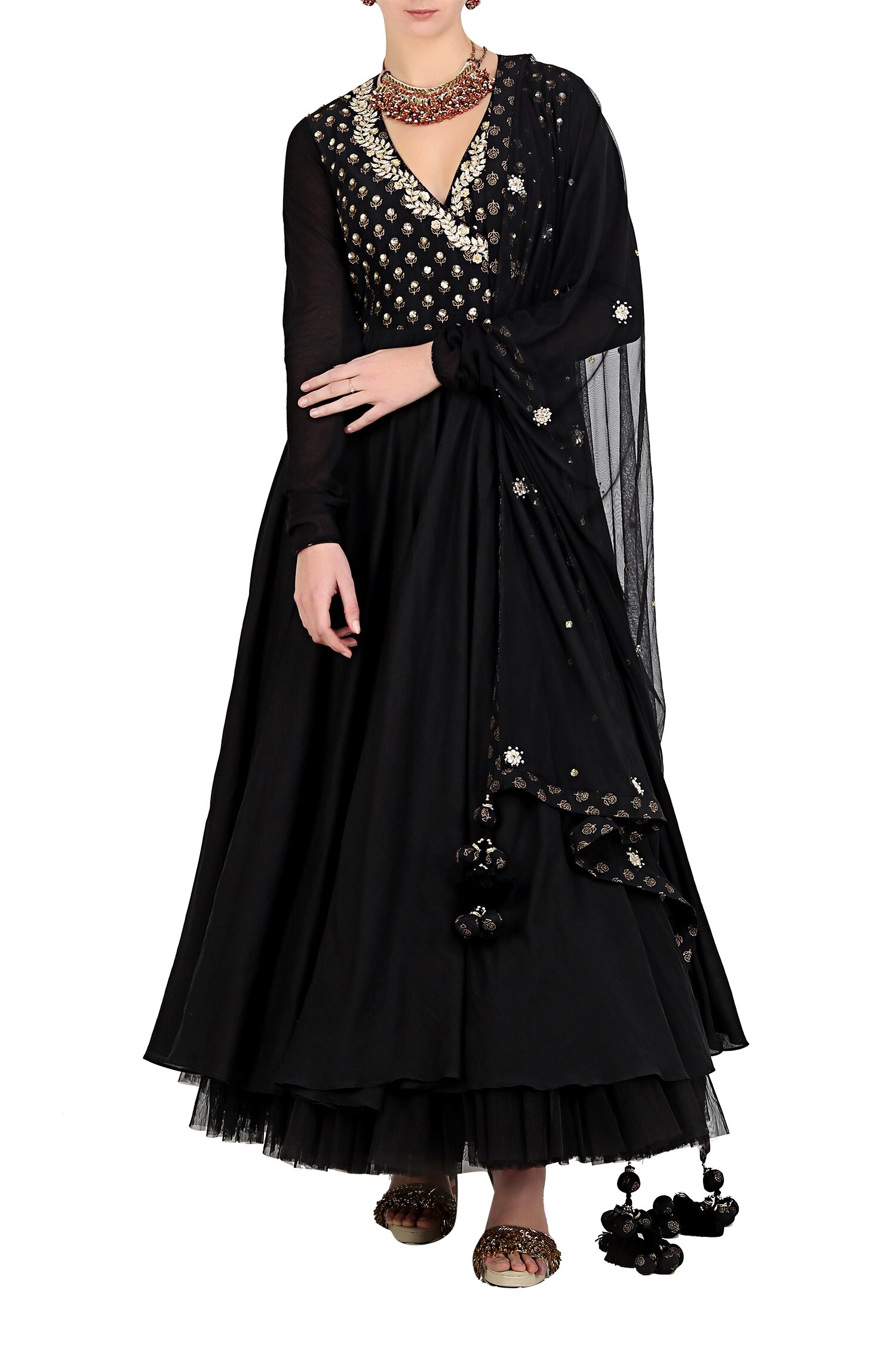 Buy Black V Neck Embroidered Angrakha Set For Women by Nikasha Online ...