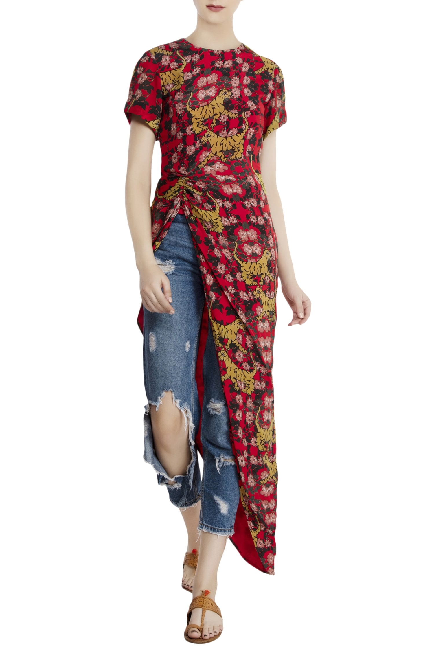 Masaba Red Crepe Tiger And Lily Print Blouse For Women