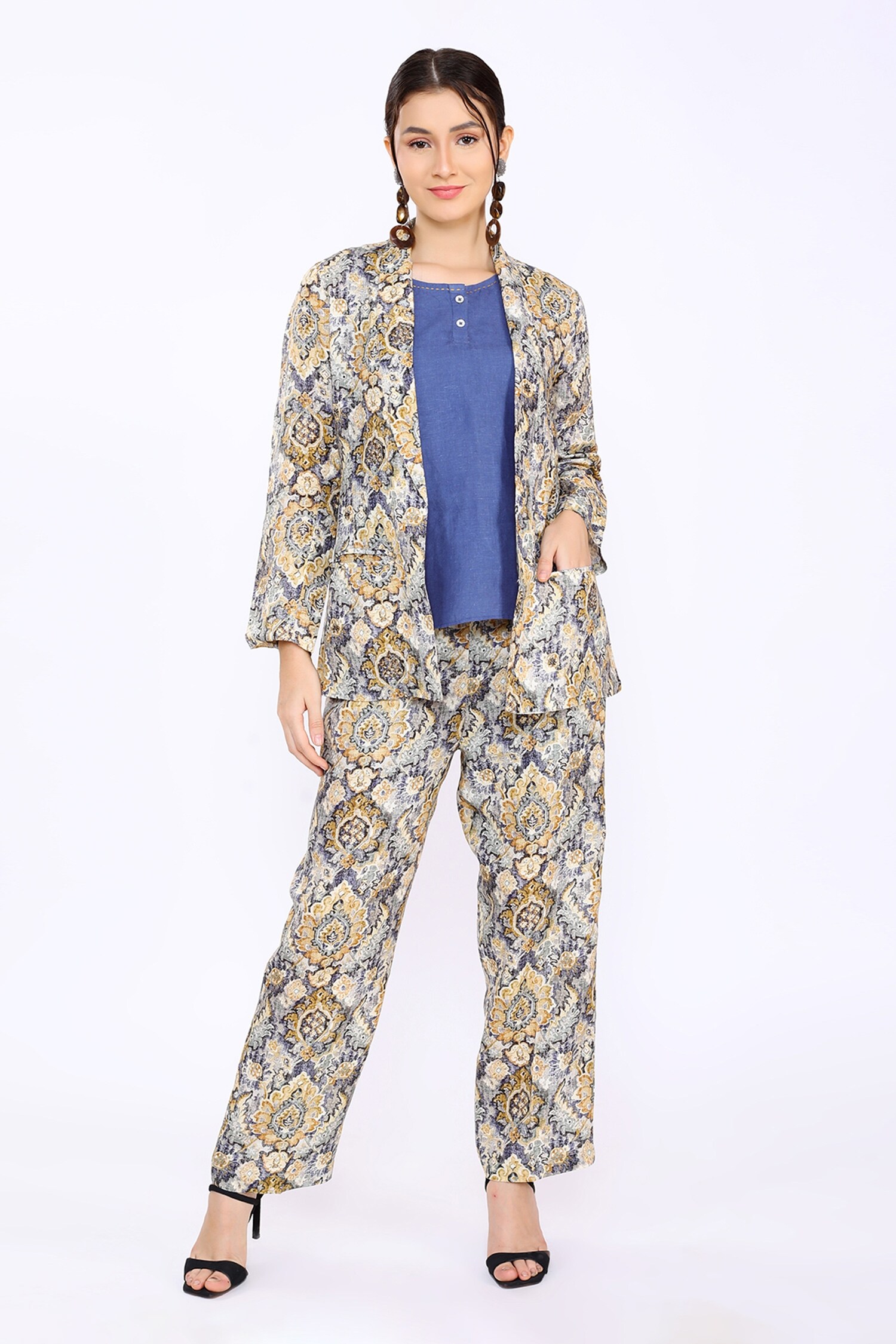 Buy Blue 100% Pure Linen Printed Morocco Open Blazer For Women by Linen Bloom Online at Aza ...