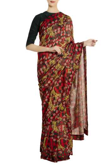Buy Masaba Red Silk Tiger And Lily Print Saree With Green Blouse Piece ...