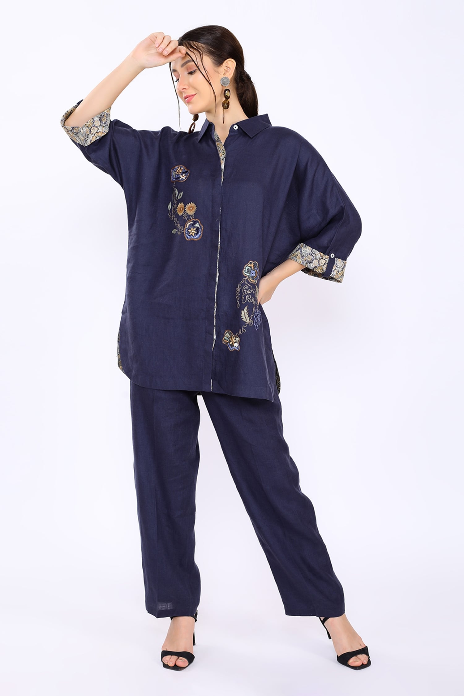 Buy Linen Bloom Blue Linen Embroidered Shirt Online | Aza Fashions