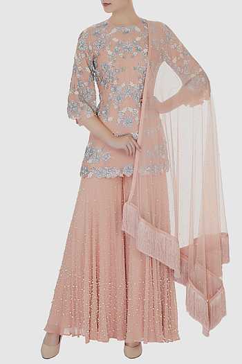 Buy J by Jannat Peach Embroidered Kurta Sharara Set Online | Aza Fashions