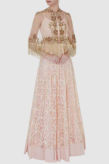 Buy J by Jannat Peach Embroidered Cape And Lehenga Set Online | Aza ...