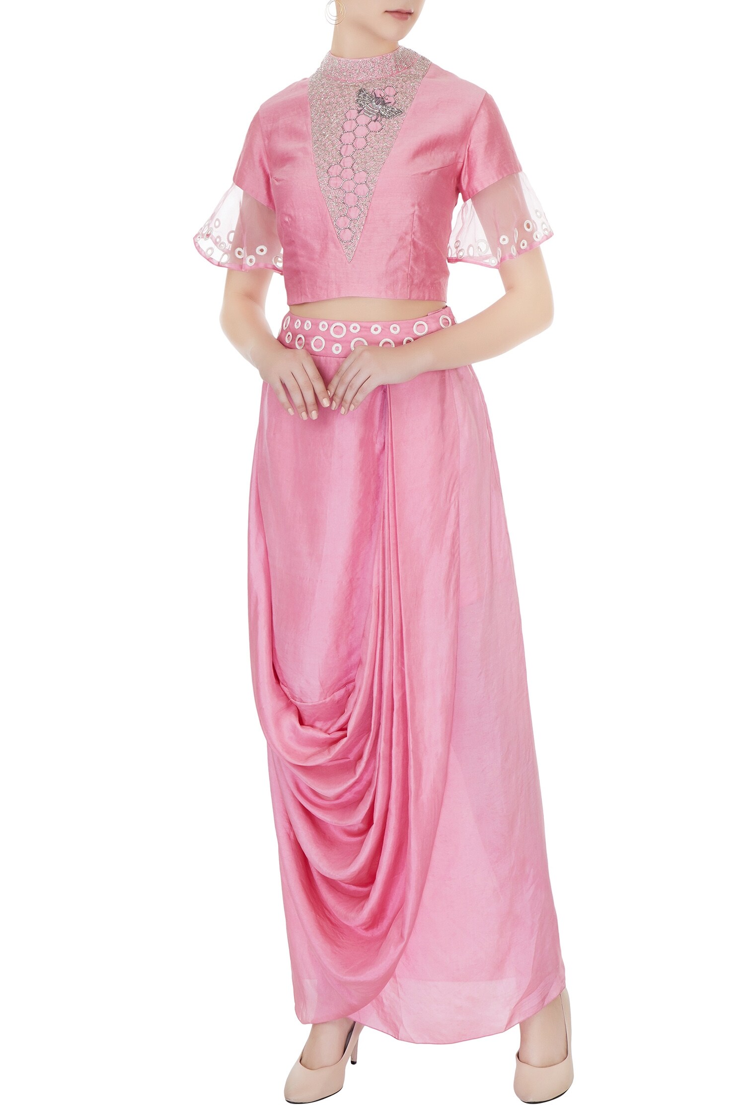 Buy Eclat by Prerika Jalan Pink Silk Chanderi Draped Dhoti Skirt Set ...