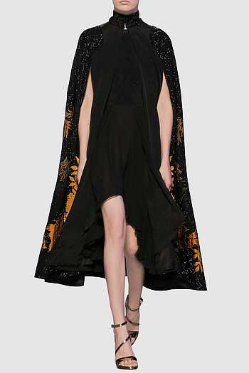Buy Black Silk Crepe High Neck Embroidered Cape With Dress For Women by ...