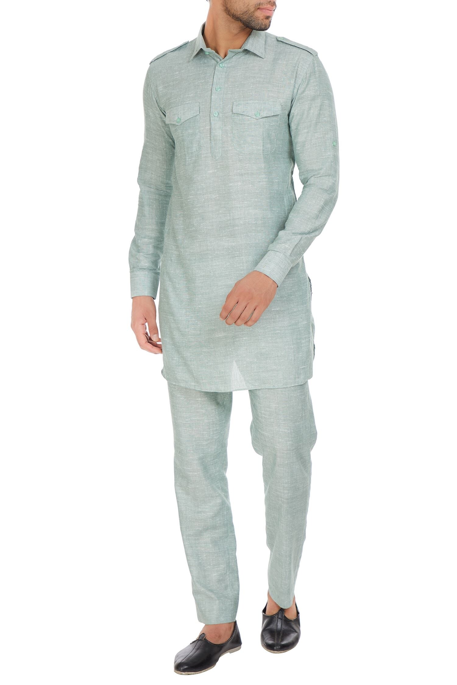 Buy Devanshi Didwania Green Cotton Linen Pathani Kurta Pant Set Online ...