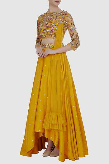 Buy Yellow Raw Silk Embroidered Sequins Round High-low Lehenga Set For ...