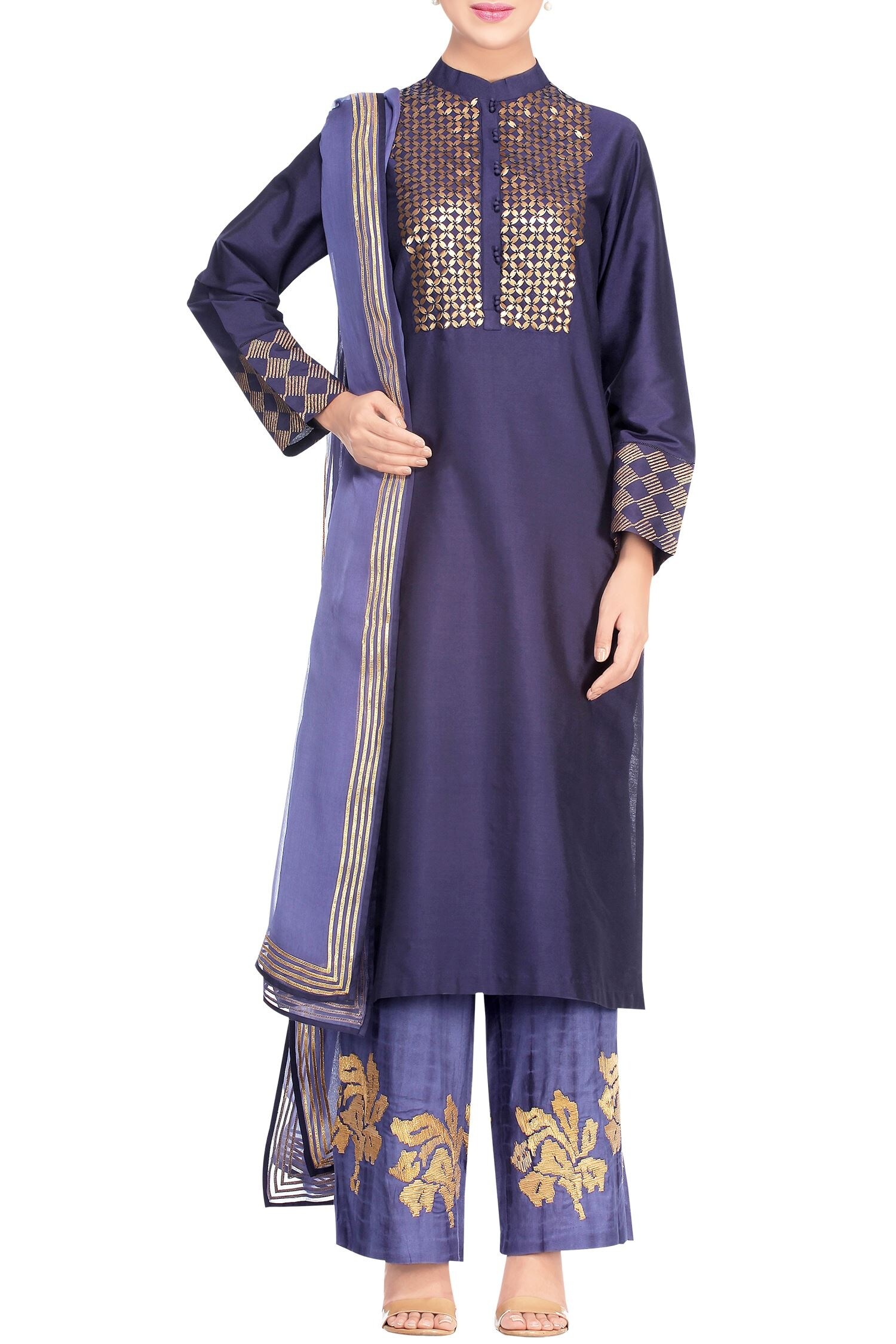 Buy Devnaagri Navy Blue Kurta Set With Metal Embroidery Online | Aza ...
