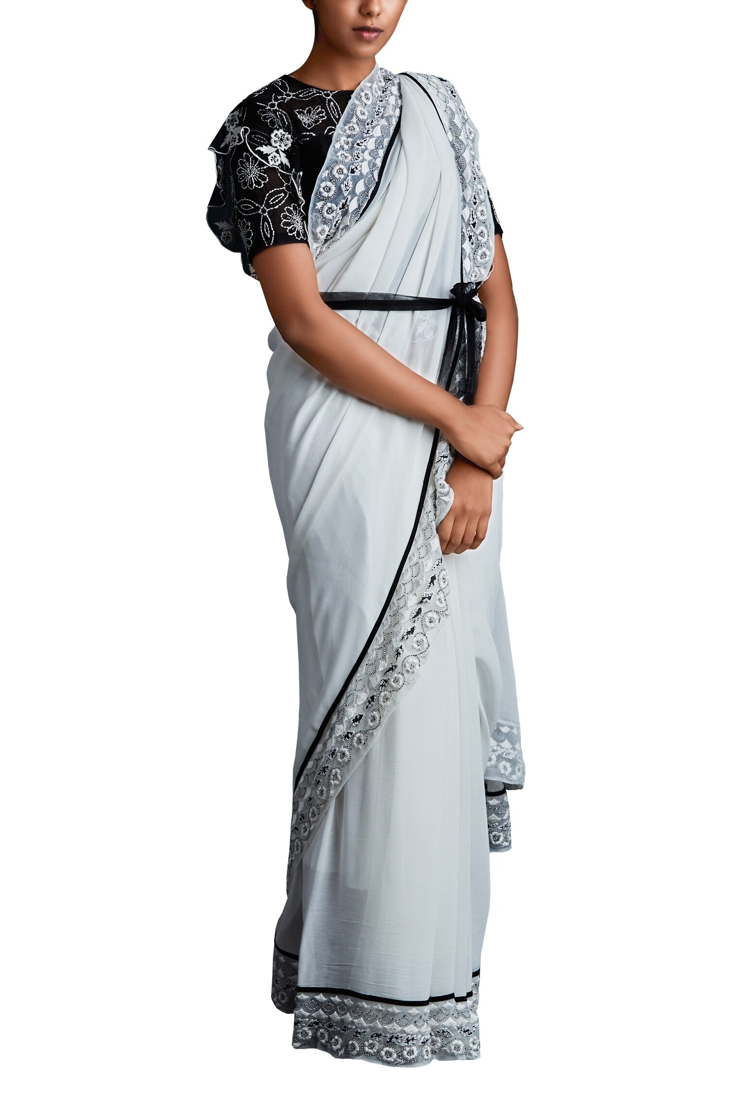 Buy Beige Saree Georgette Blouse Net Embroidered Thread Work Crew With ...