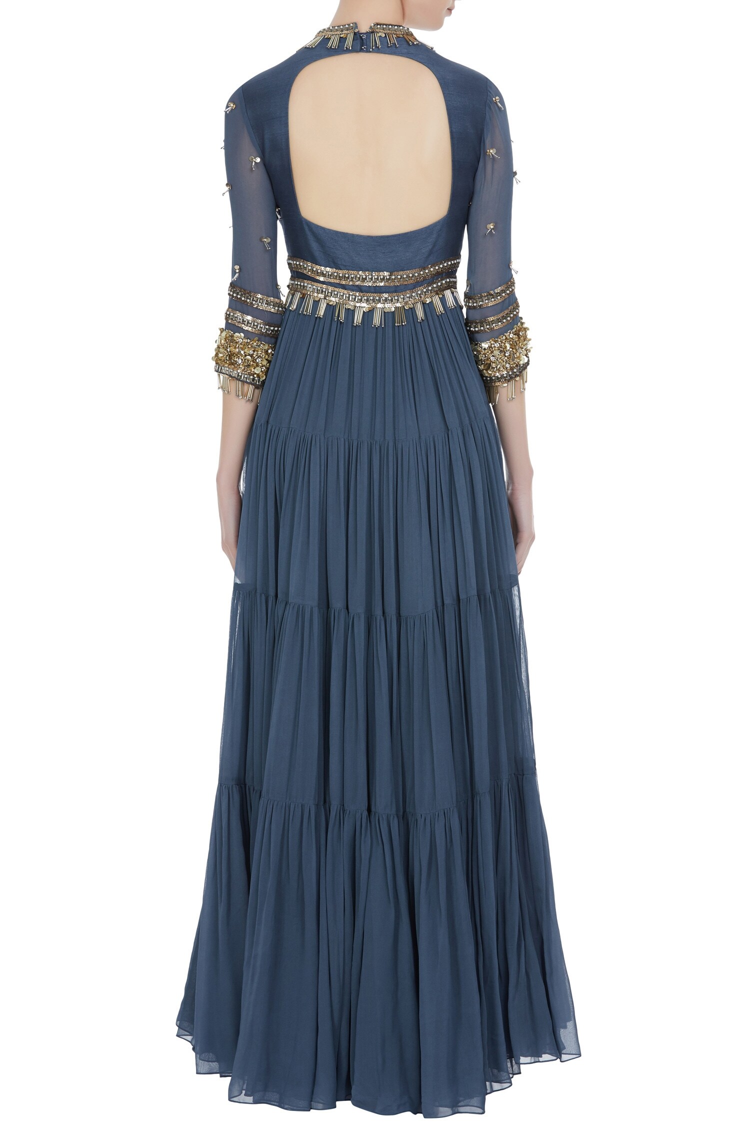 Buy Nidhika Shekhar Blue Tiered Style Pearl And Sequin Anarkali Online ...